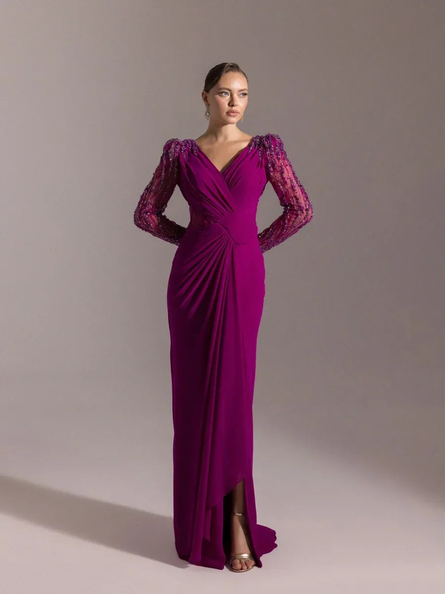 25066-V-Neck Long Evening Dress with Embroidered Shoulders
