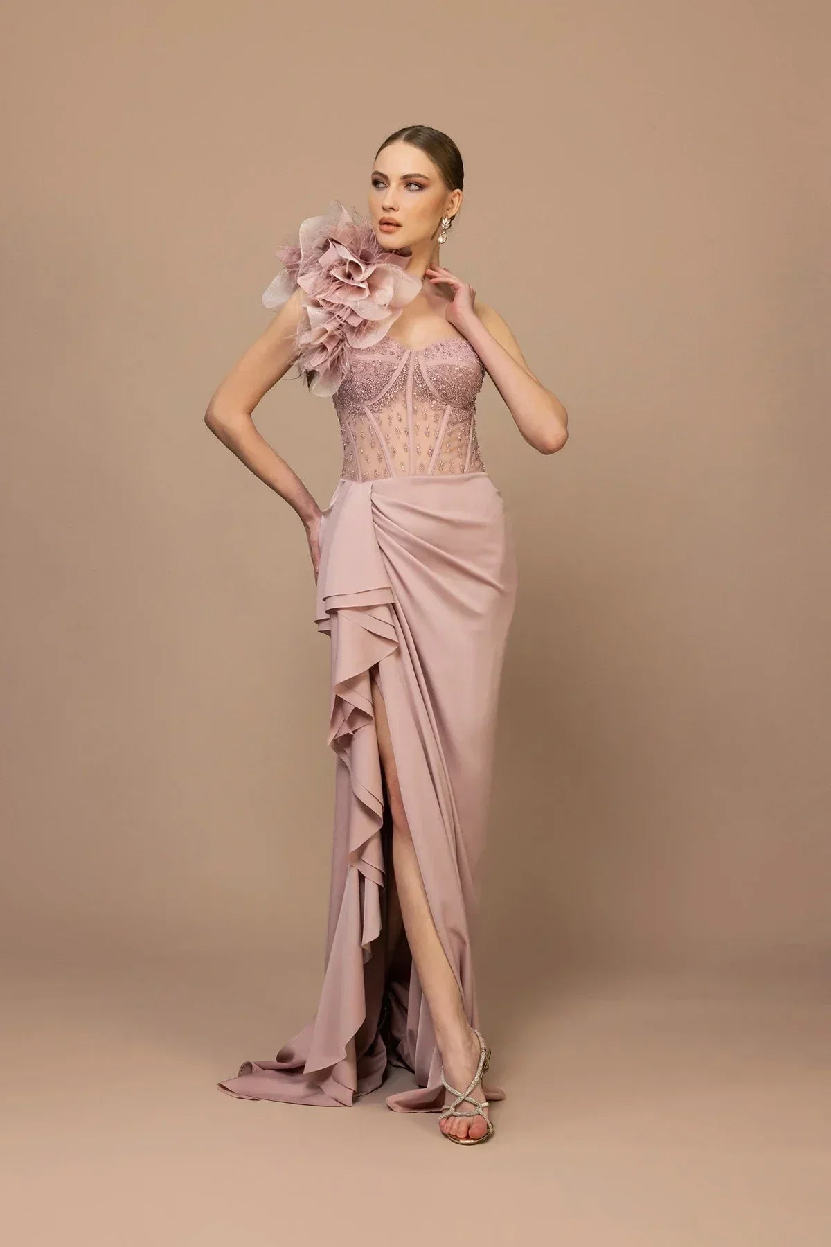 7051 - Fitted Long Evening Dress with Feathered Ruffle Shoulders and S